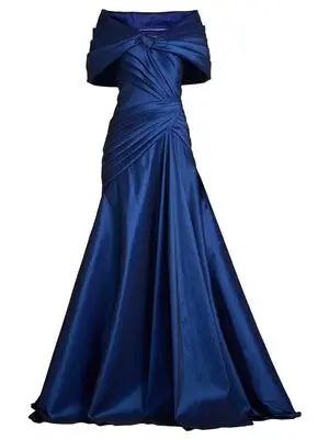 Tadashi Shoji Pleated Taffeta Portrait Gown - Navy