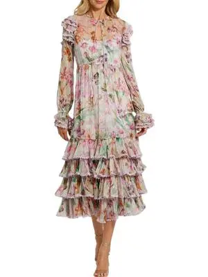Mac Duggal Floral Chiffon Tieneck Tiered Midi-dress - Lilac Multi