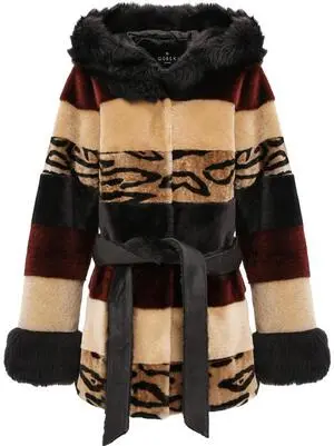 Gorski Shearling Lamb Parka With Merinillo Shearling Lamb Hood Trim & Cuffs, Belt - Wine Multi