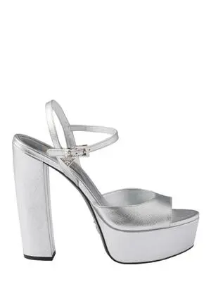 Prada Patent Saffiano Leather Platform Sandals - Silver