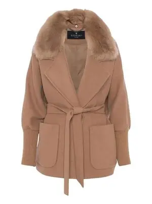 Gorski Fabric Coat With Detachable Shearling Lamb Collar, Belt - Camel