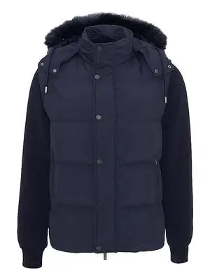 Gorski Quilted Down Bomber Jacket With Detachable Sleeves And Shearling Hood Navy