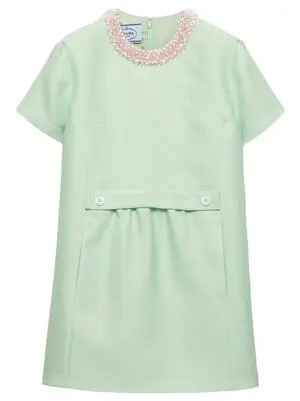 Prada Embroidered Slubbed Gazar Dress - Green
