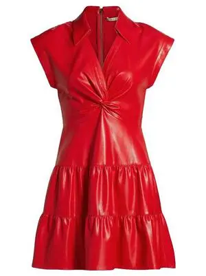 Alice + Olivia Mila Faux Leather Twist-front Minidress - Bright Ruby