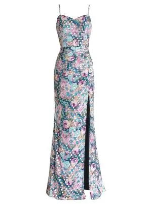 DRESS THE POPULATION Drae Metallic Draped Gown