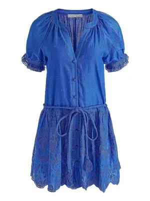 Alice + Olivia Thalia Tie-waist Eyelet Cotton A-line Minidress - Blue Iris