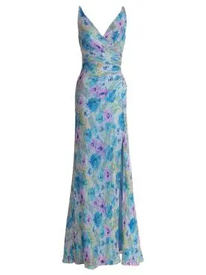 Dress The Population Jordan Floral Metallic Sleeveless Surplice Gown - Sky Multi
