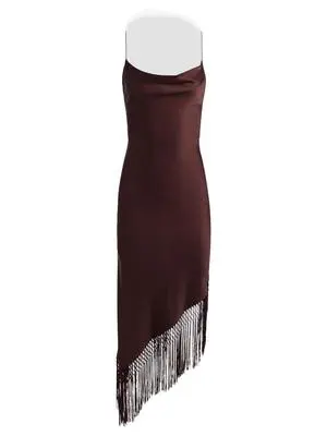 Alice + Olivia Harmony Drapey Slip Fringe Midi Dress - Dark Chocolate