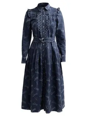 MAISON COMMON Belted Embroidered Chambray Midi Shirtdress - Medium Blue