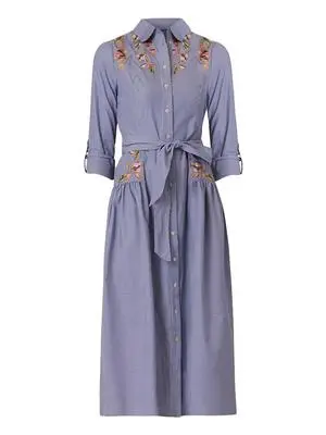 Shoshanna Caldwell Embroidered Pinstriped Shirtdress - Lapis Multi