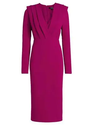 Badgley Mischka Pleated Stretch Crepe V-neck Midi-dress - Raspberry