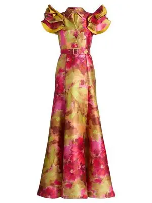 Badgley Mischka Vibrant Floral Flutter-sleeve Gown - Pink Multi