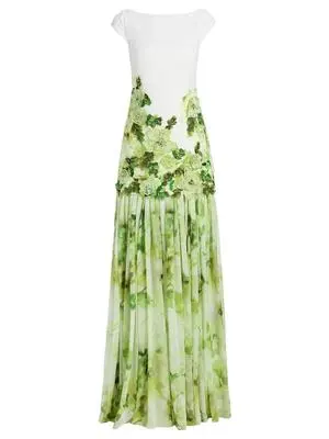 Badgley Mischka Floral Appliqué Drop-waist Gown - Lime Multi