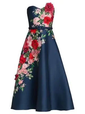 Badgley Mischka Floral Embellished Strapless Cocktail Dress - Navy