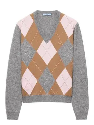 Prada Argyle Cashmere V-neck Sweater - Grey