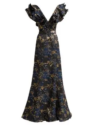 Badgley Mischka Jacqaurd Ruffle-sleeve Mermaid Gown - Navy Multi