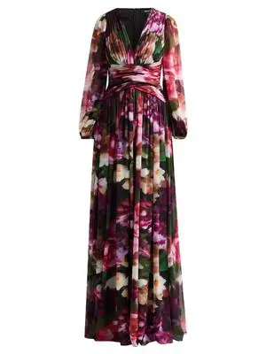 Badgley Mischka Floral Pleated Georgette A-line Gown - Fuchsia Multi