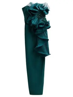 Badgley Mischka Satin Floral Strapless Column Gown - Pine