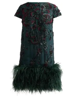 Badgley Mischka Embroidered Feather-hem Cocktail Dress - Pine