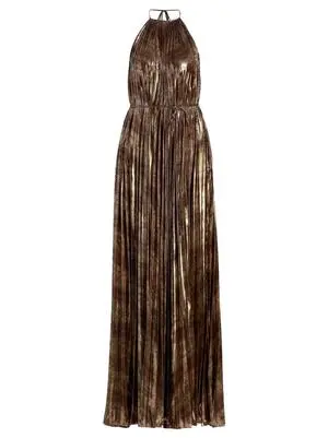 Halston Maxine Metallic Plissé Halter Gown - Copper
