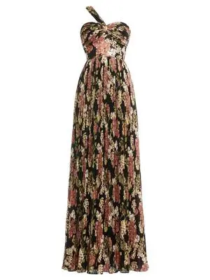 Dress The Population Idalia Floral One-shoulder Gown Black Multi