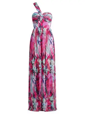 Dress The Population Idalia Floral One-shoulder Gown Bright Fuchsia Multi