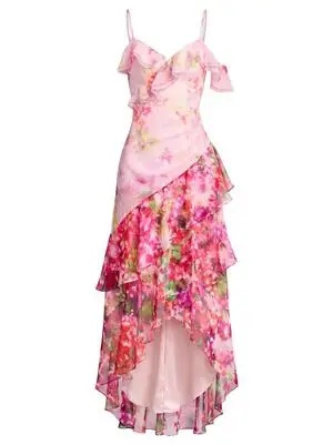 DRESS THE POPULATION Lumi Ruffled Floral High-low Dress