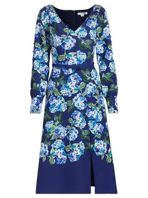 KAY UNGER Briony Hydrangea Stretch Crepe Belted Midi-dress - Deep Navy