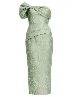 Dress The Population Cyprus One-shoulder Jacquard Midi-dress - Sage