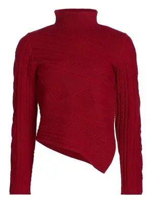 Staud Sidney Mixed Cable-knit Asymmetric Turtleneck Sweater - Rouge
