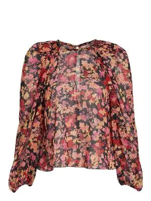 KIKA VARGAS Hitomi Floral Chiffon Linen Top - Navy