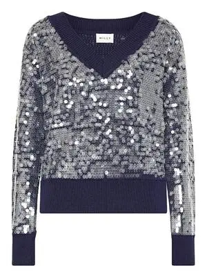 MILLY Ilaria Sequined V-neck Sweater - Navy
