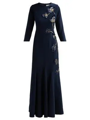 Rickie Freeman For Teri Jon Embellished Godet Crepe Gown - Navy Multi