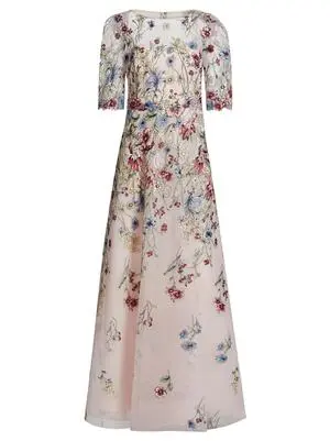 Rickie Freeman For Teri Jon Floral-embroidered Tulle A-line Gown - Blush Multi