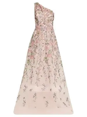 Rickie Freeman For Teri Jon Floral-embroidered One-shoulder Tulle Gown - Blush Multi