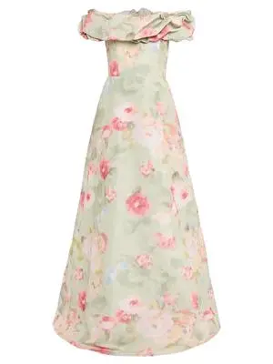 Rickie Freeman For Teri Jon Floral Off-the-shoulder Taffeta A-line Gown - Mint Mult
