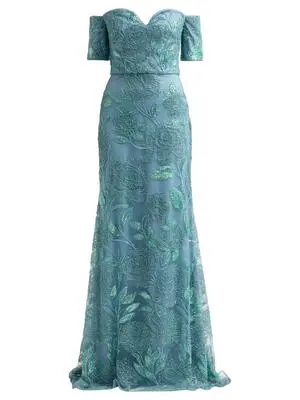 Theia Turin Floral Beaded Off-the-shoulder Gown - Blue Overcast