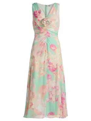 RICKIE FREEMAN FOR TERI JON Floral Silk Chiffon Ruched-front Midi-dress