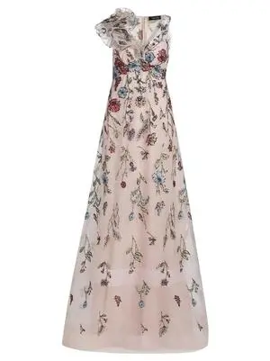 Rickie Freeman For Teri Jon Embroidered Tulle Self Flower Gown - Blush Multi