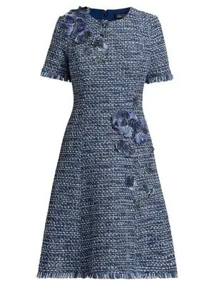 Rickie Freeman For Teri Jon 3d Floral Appliqué Tweed Mini Cocktail Dress - Blue Multi