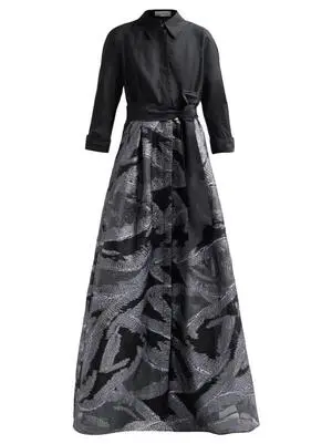 Rickie Freeman For Teri Jon Metallic Organza Taffeta Shirtwaist Gown - Black Pew