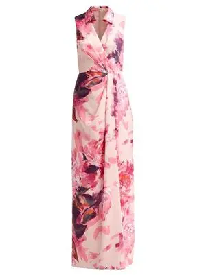 Aidan Mattox Floral Sateen Mock Wrap Maxi Dress - Pink Multi