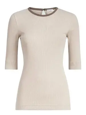 Brunello Cucinelli Stretch Cotton Ribbed Jersey Top With Shiny Trim - Buff