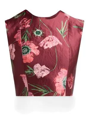 Erdem Floral Textured Satin Crop Top - Ruby Red