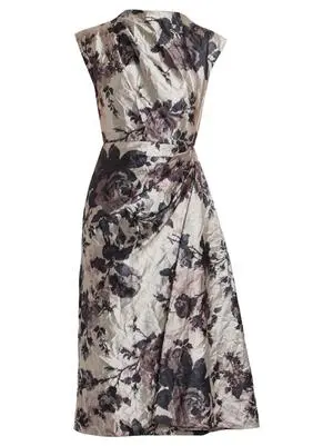 Erdem Draped Floral Textured Satin Midi Dress - Rose Pearl