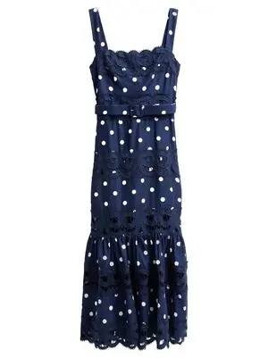 SELF-PORTRAIT Polka Dot Linen & Lace Midi Dress - Navy