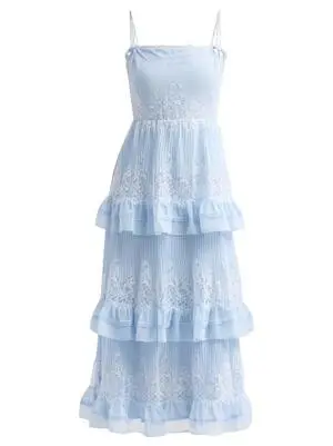 SELF-PORTRAIT Chiffon Lace Tiered Midi Dress - Blue