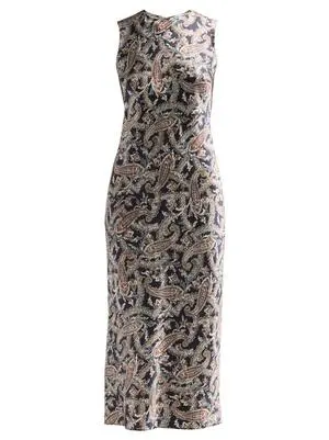 Veronica Beard Gemma Paisley Satin Sleeveless Midi Dress Navy Multi