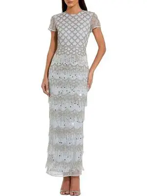 Mac Duggal Evening Beaded Cap-sleeve Gown - Seafoam