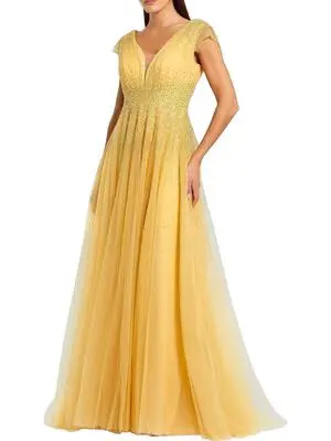 Mac Duggal Embellished Tulle Cap-sleeve A-line Gown - Gold